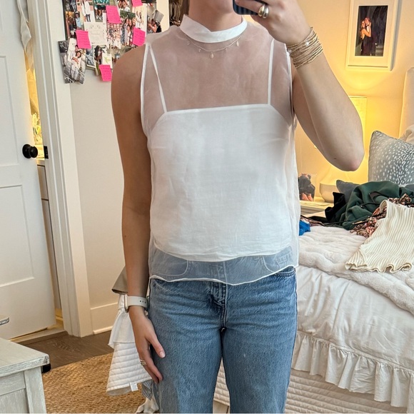 Zara | Tops | Zara Sheer Top With White Collar And Ties In The Back ...